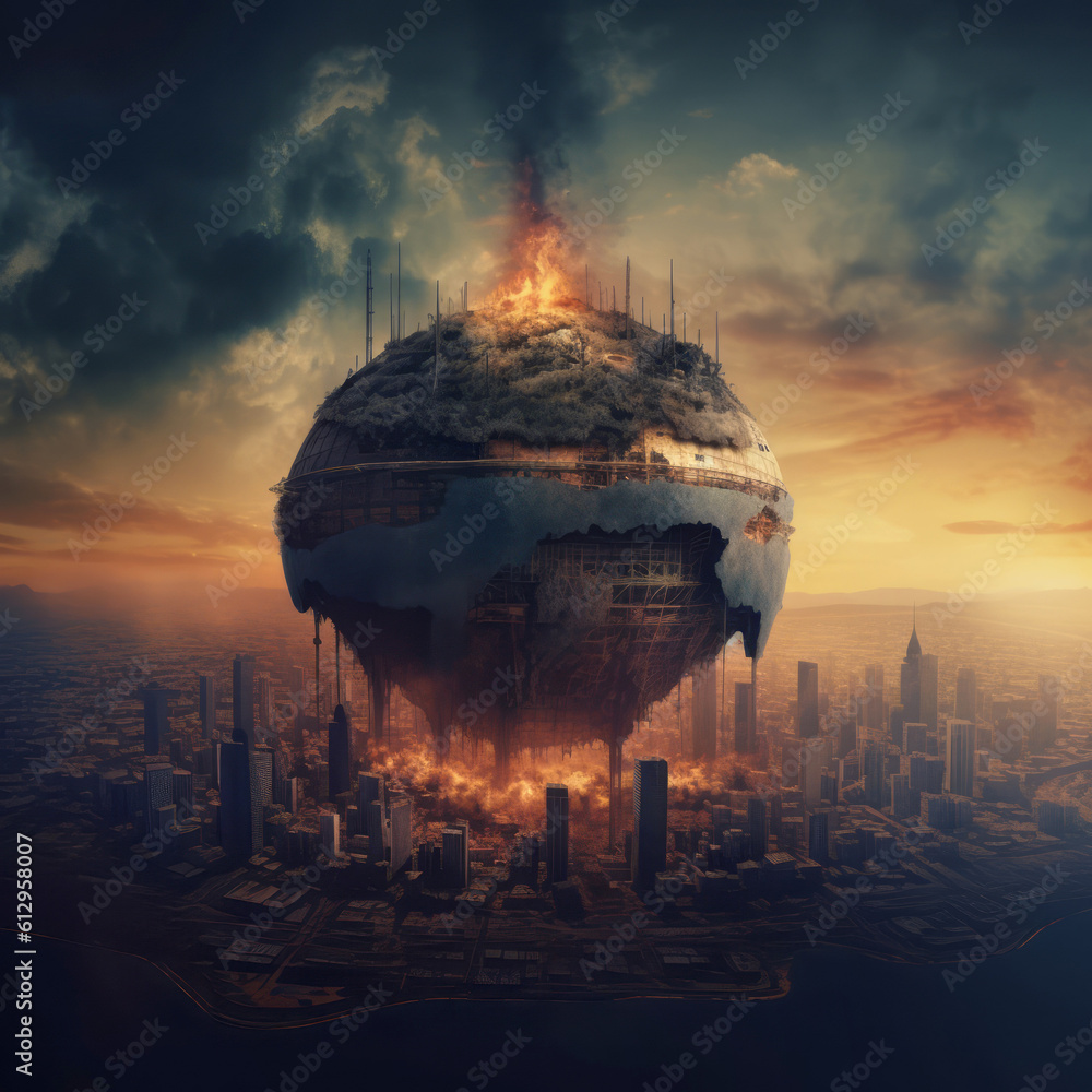 Earth globe collapse, burning, destroyed by fire. Conceptual ...