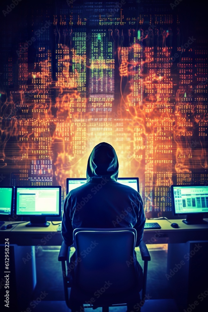 The image portrays a hacker sitting in front of multiple computer ...