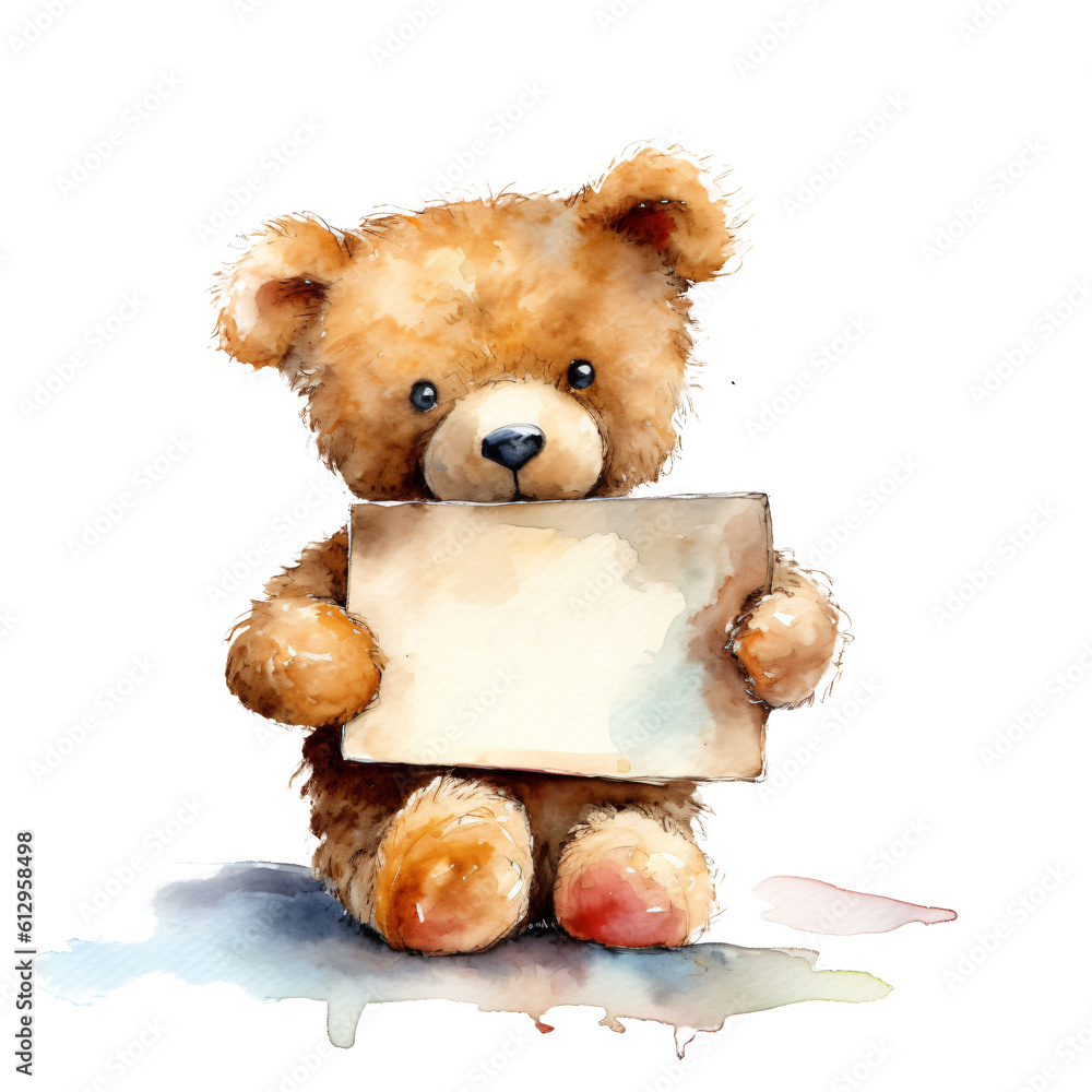 cute teddy bear holding a blank sign in watercolor design isolated on ...