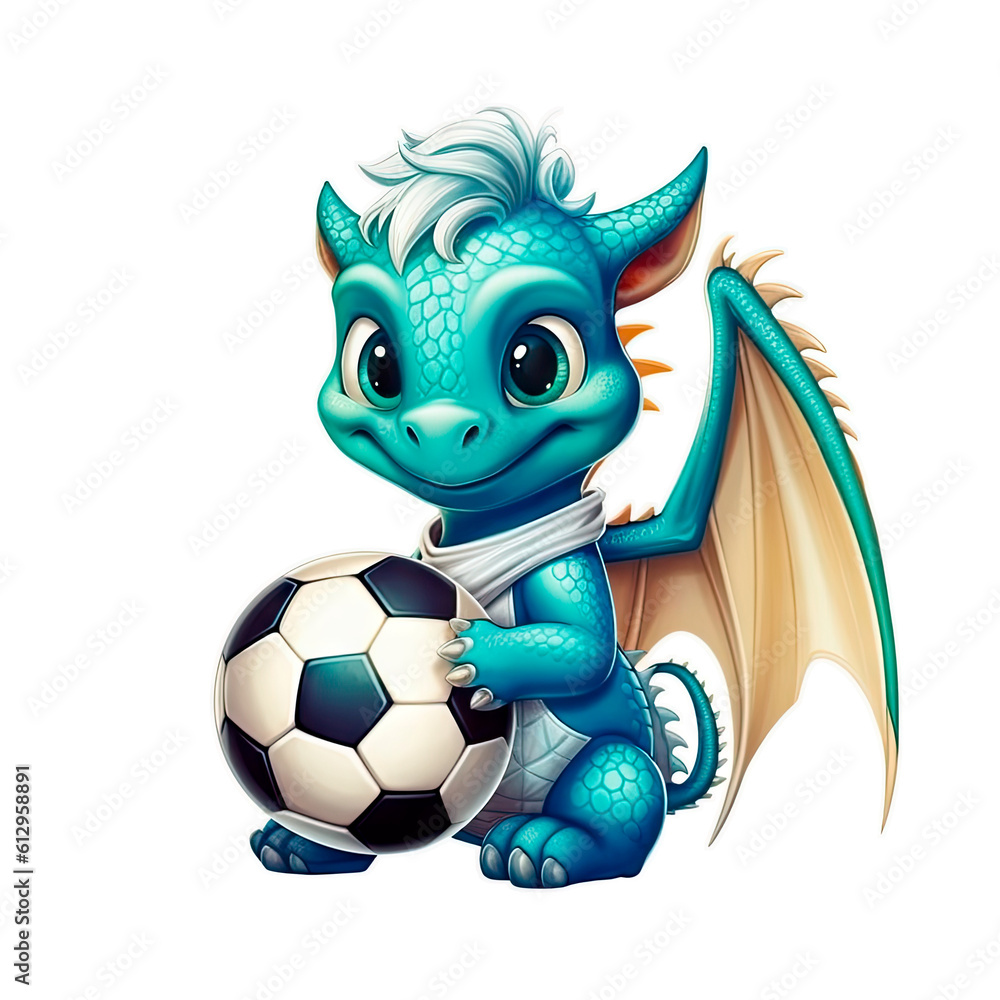 Cute cartoon kawaii dragon holding a soccer ball isolated on ...
