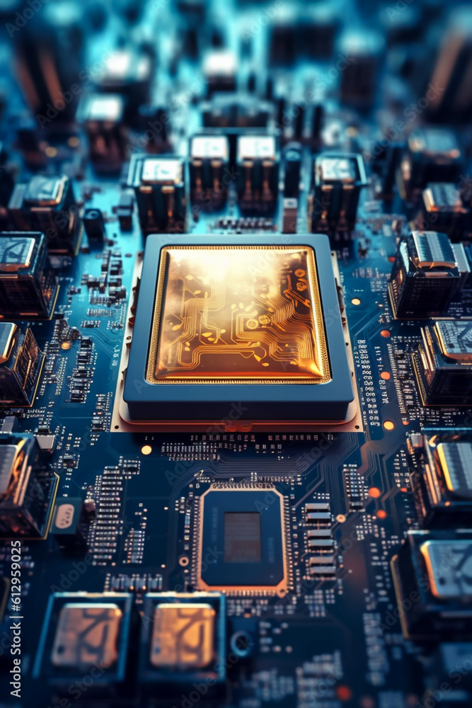 3D rendering of cyberpunk AI. Circuit board. Technological background ...