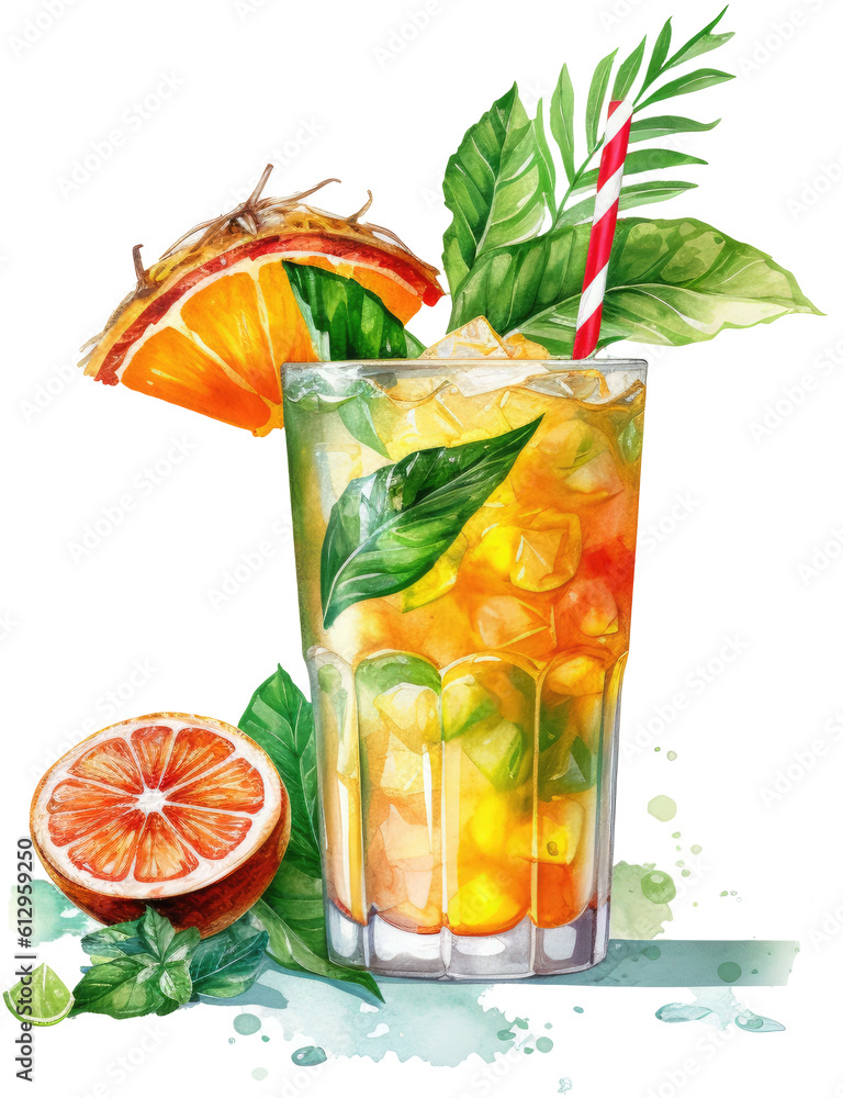 Watercolor drawing of a tropical cocktail isolated on transparent ...