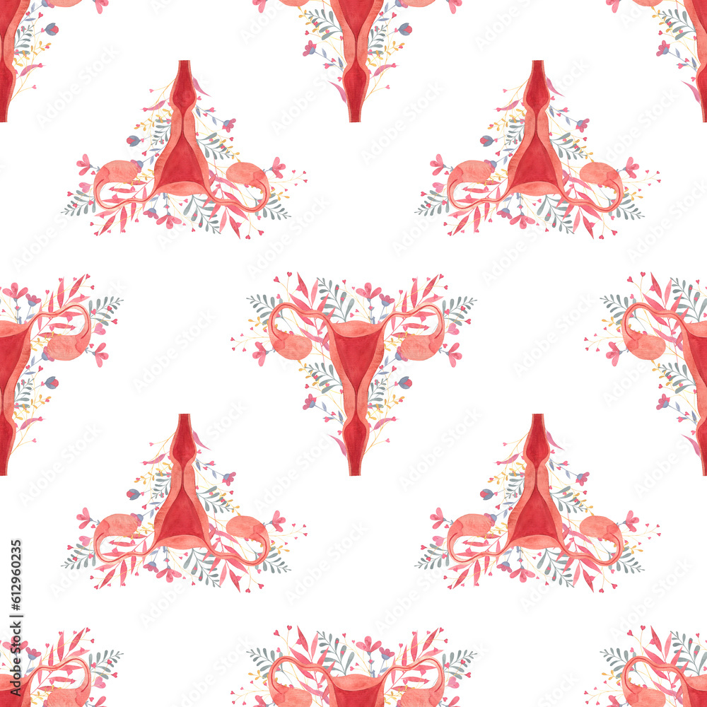 pattern with uterus, pattern with female reproductive organ, with twigs ...