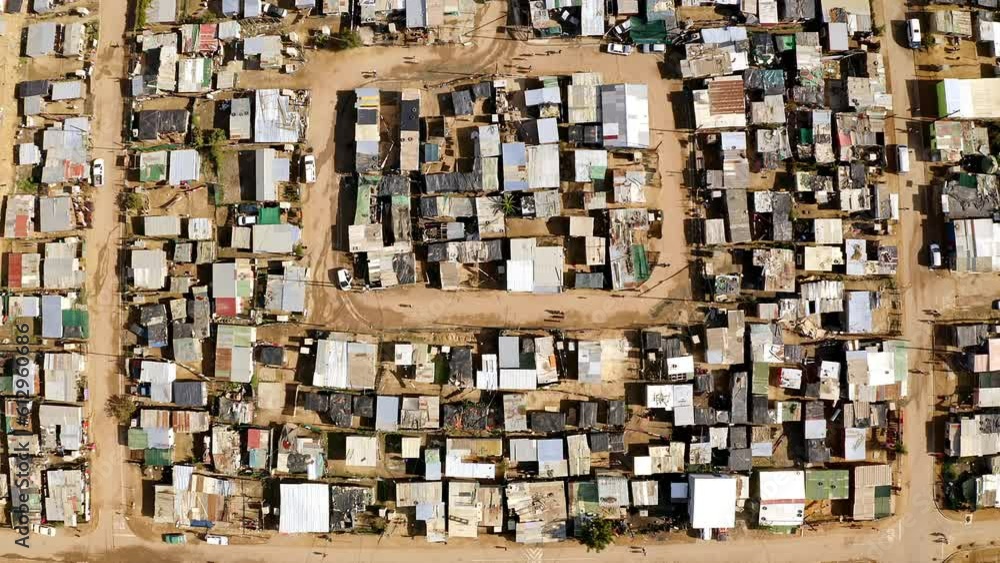 Environment, shacks and aerial view of a township in South africa with ...