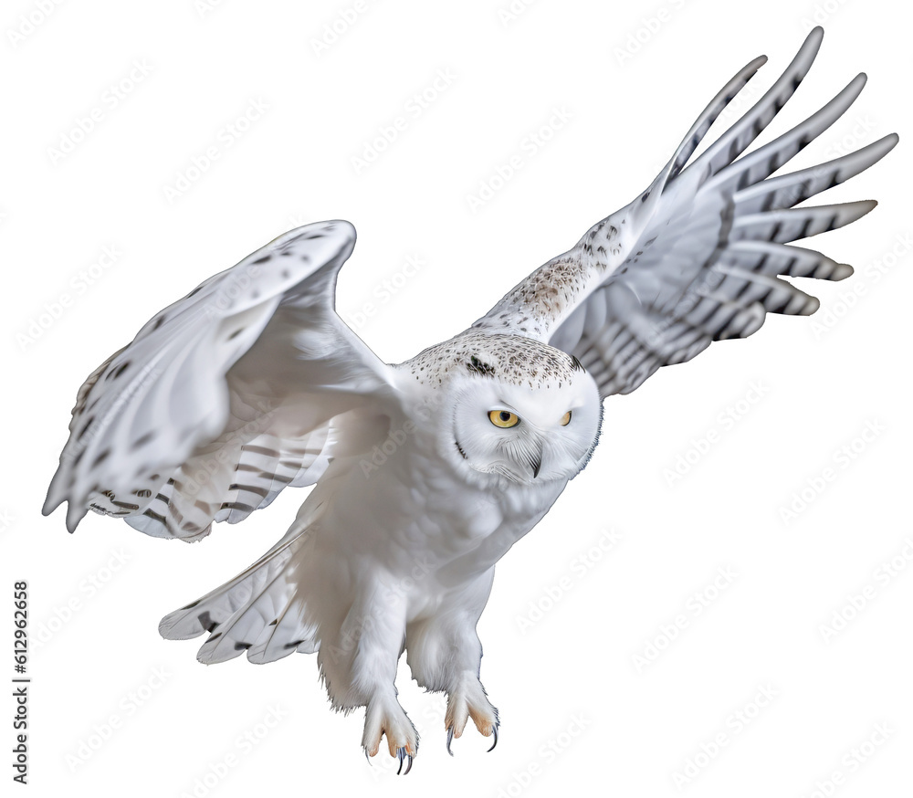 Flying arctic white owl isolated on the transparent background PNG. AI ...