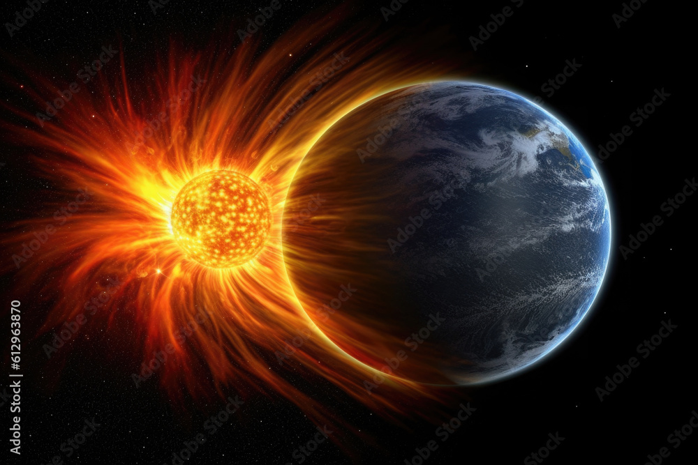Planet near star in outer space. Illustration of solar wind on Earth ...