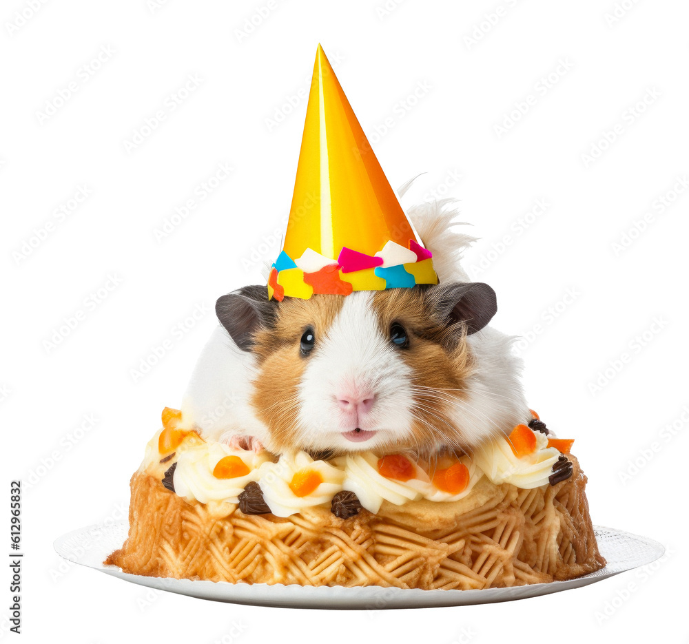 Hamster sitting on a birthday cake and wearing a birthday party hat on ...