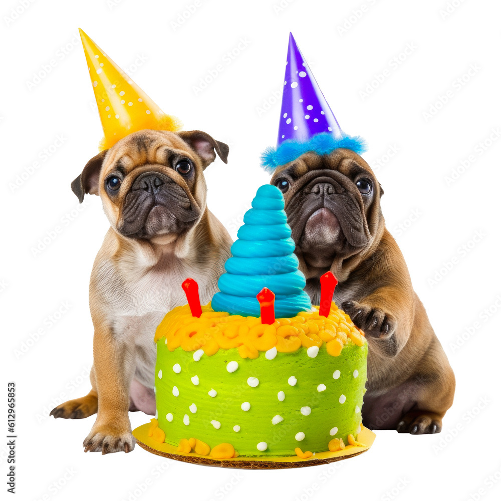 Funny cute dogs sitting behind a birthday cake on a transparant ...