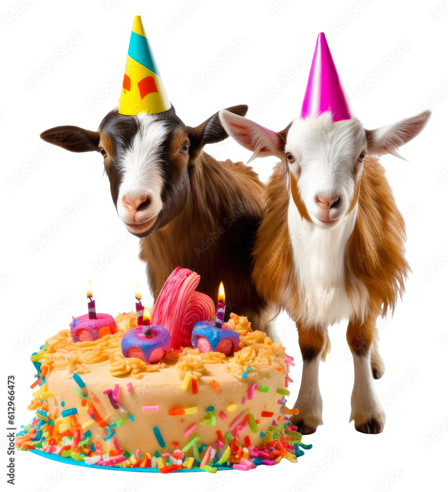 Goats with party hats and a birthday cake on a transparant background ...