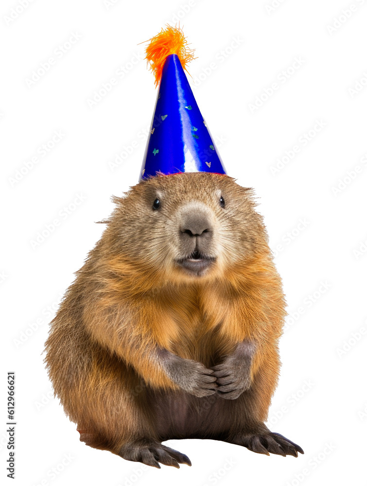 Beaver wearing a birthday party hat on a transparant background, cut ...