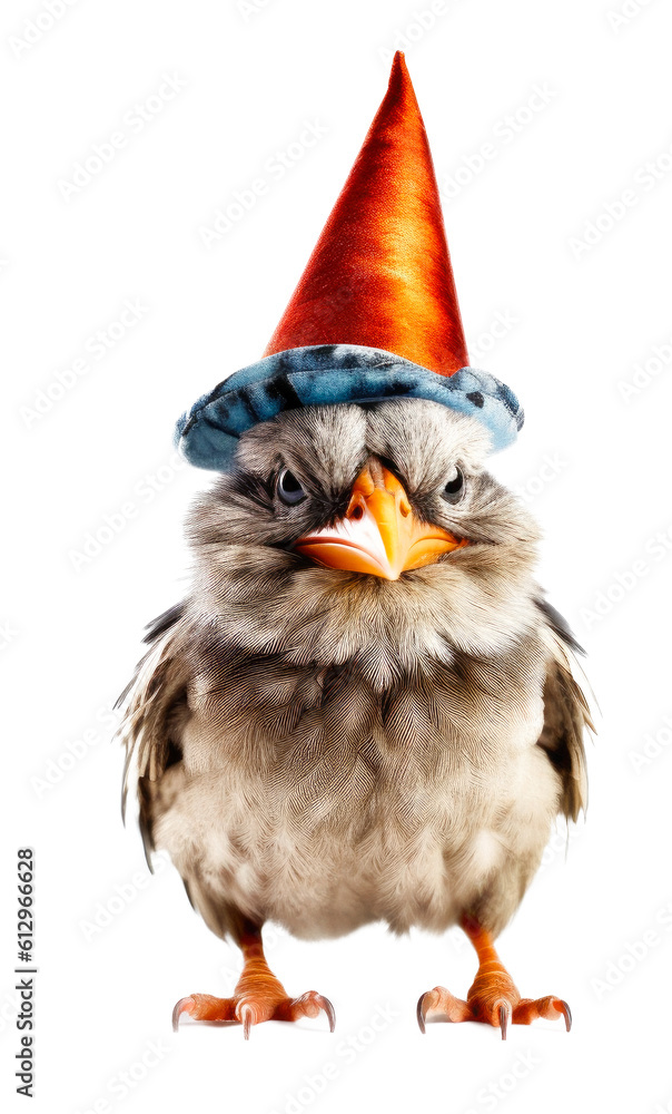 Grumpy bird wearing a birthday party hat on a transparant background ...