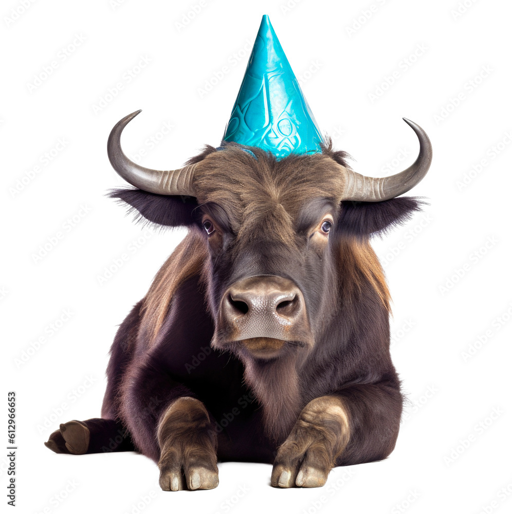 Buffalo wearing a birthday party hat on a transparant background, cut ...