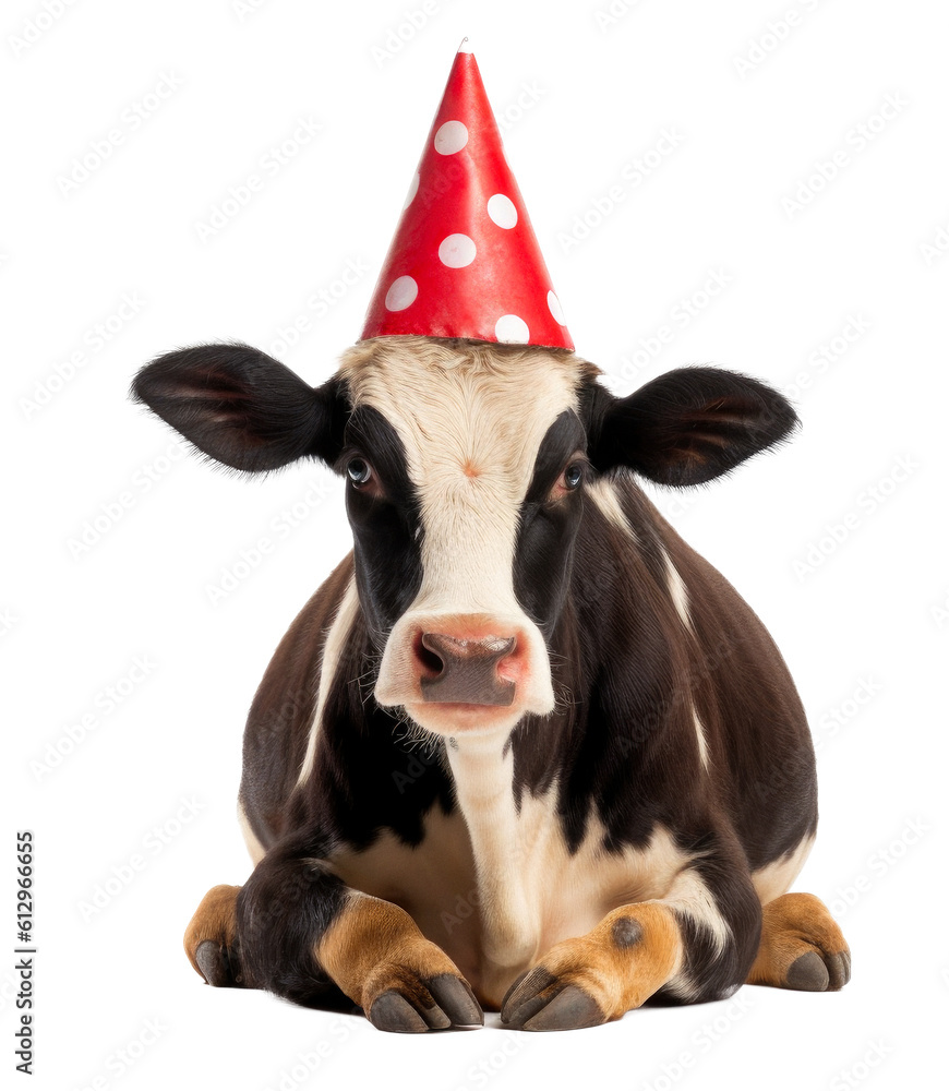 Cow wearing a birthday party hat on a transparant background, cut out ...