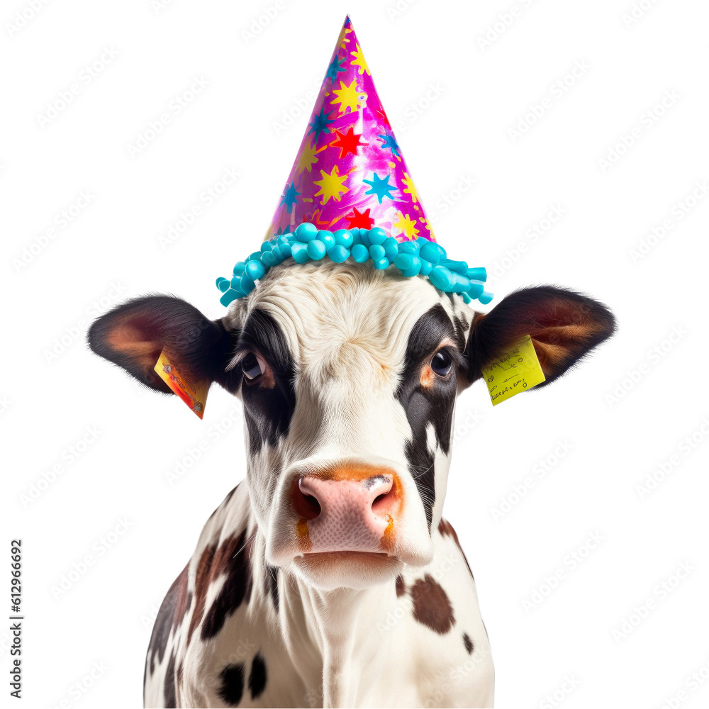 Funny cow wearing a birthday party hat on a transparant background, cut ...