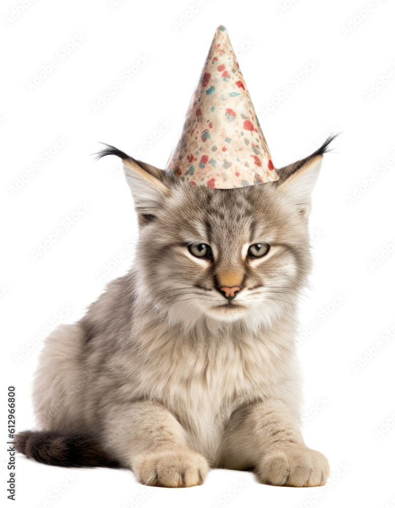 Grumpy lynx wearing a birthday party hat on a transparant background ...