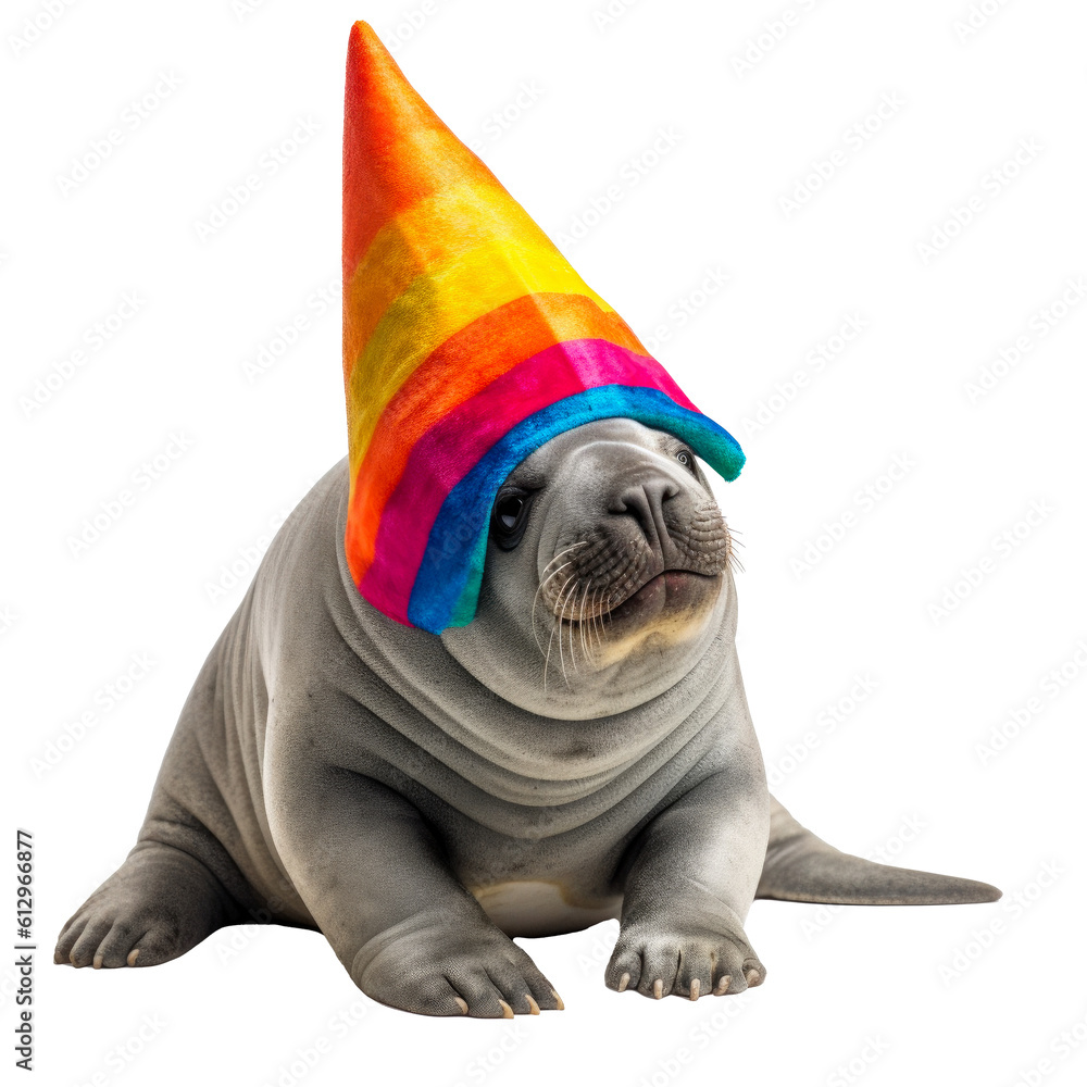 Grumpy seal wearing a birthday party hat on a transparant background, cut out clipart for print ...