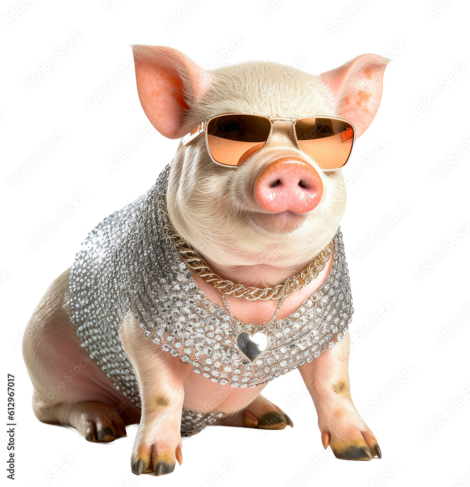 Ghetto pig wearing silver bling chain and sunglasses on a transparant ...