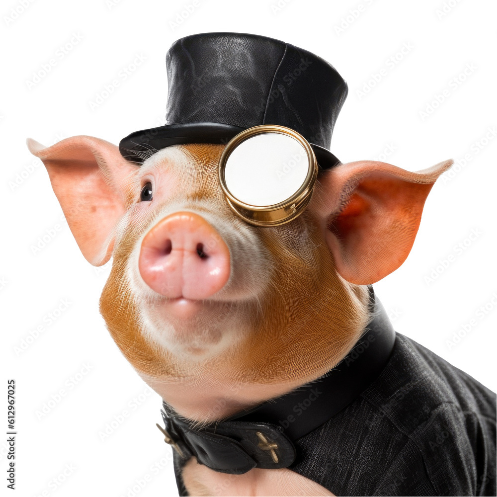 Aristocrat pig wearing a monocle and a high haton a transparant ...