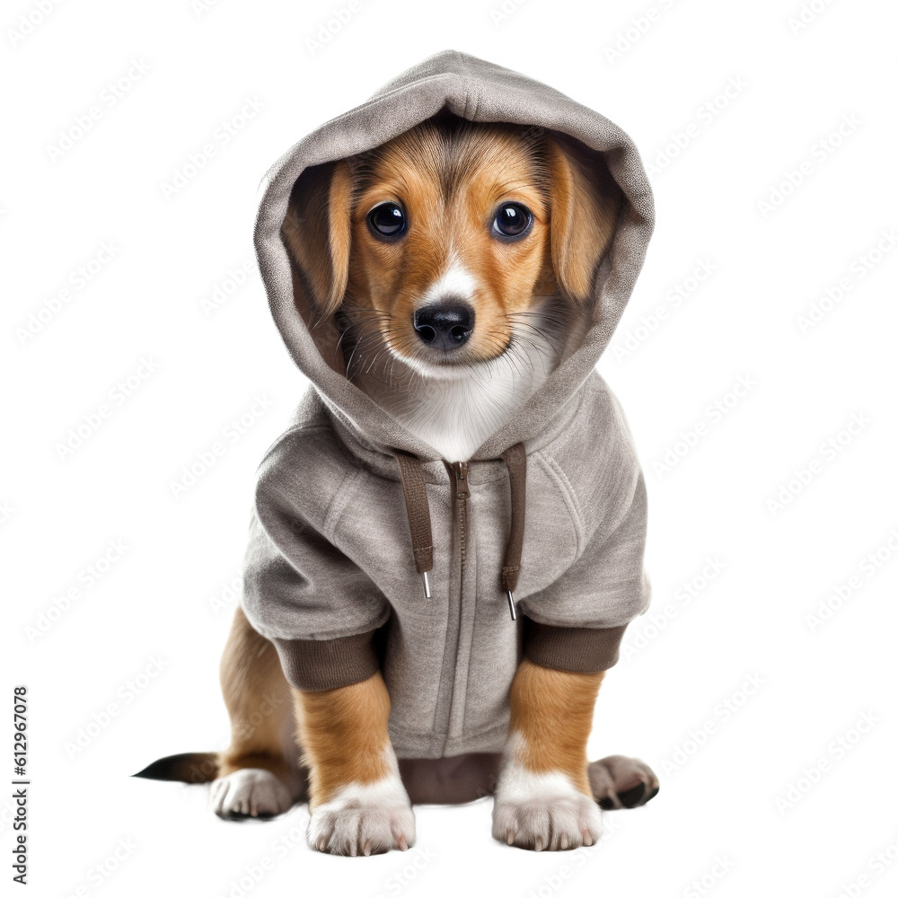 Cute puppy wearing a hoodie on a transparant background, cut out ...