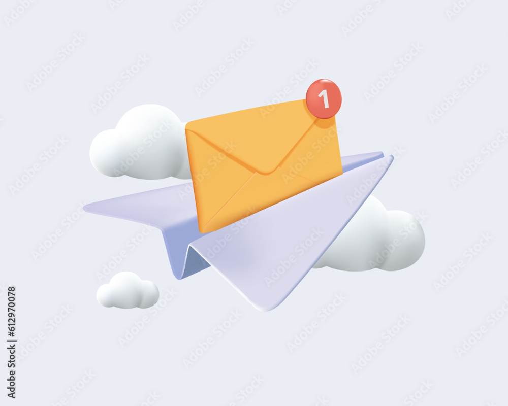 3d paper plane and mail icon with notification of new message. Minimal ...