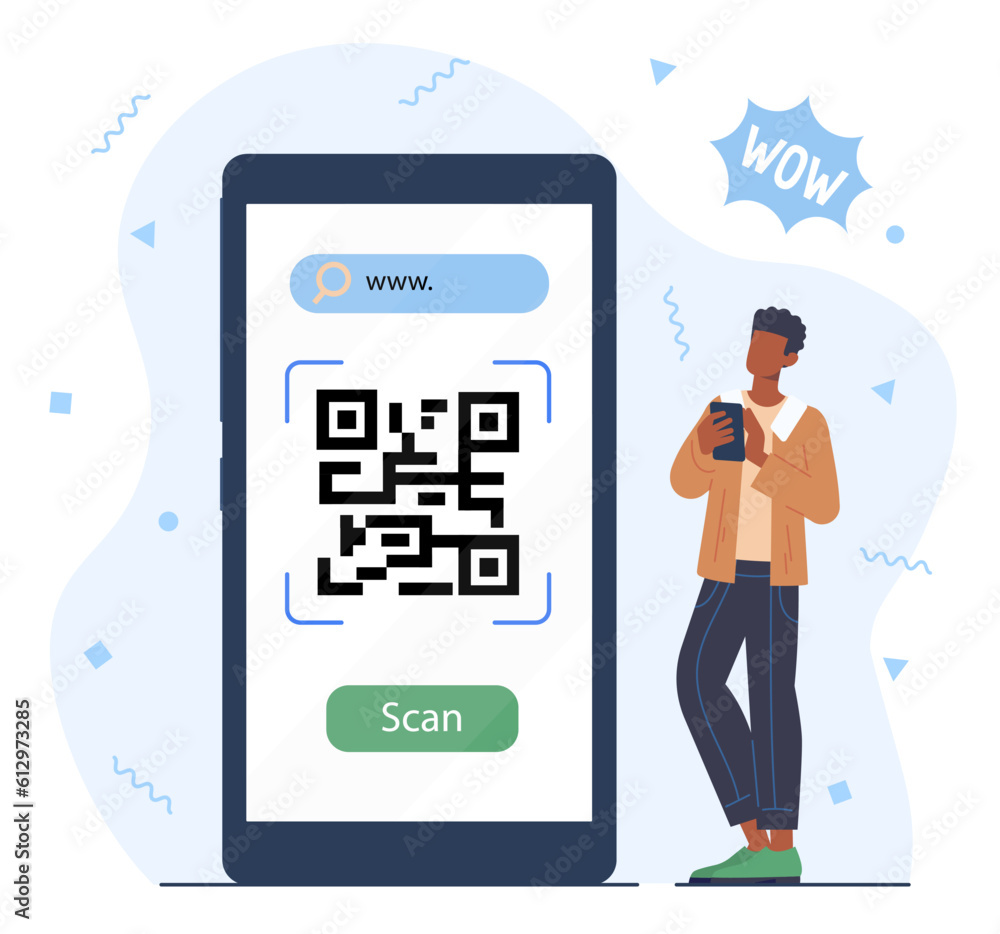 Man scan QR code vector concept. Young guy with smartphone. Online ...