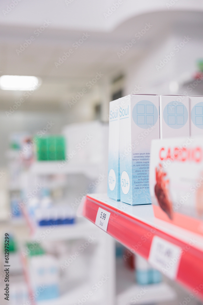 Empty health care shop with boxes and packages on medicaments, retail ...