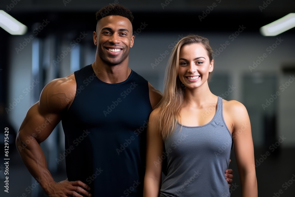 Smiling athletic couple poses and show their perfect body muscles ...