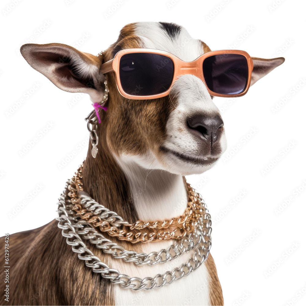 Goat with bling bling chain and sunglasses isolated on a transparant ...