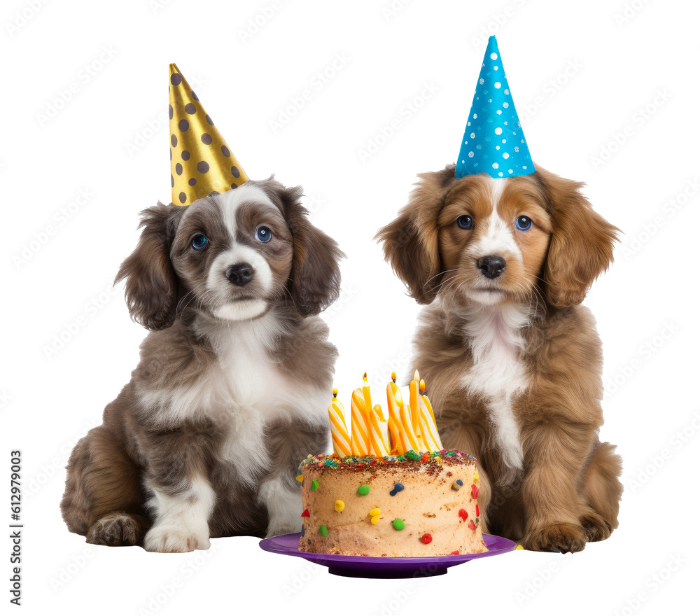 Puppy dogs with party hats sitting behind a birthday cake isolated on a ...