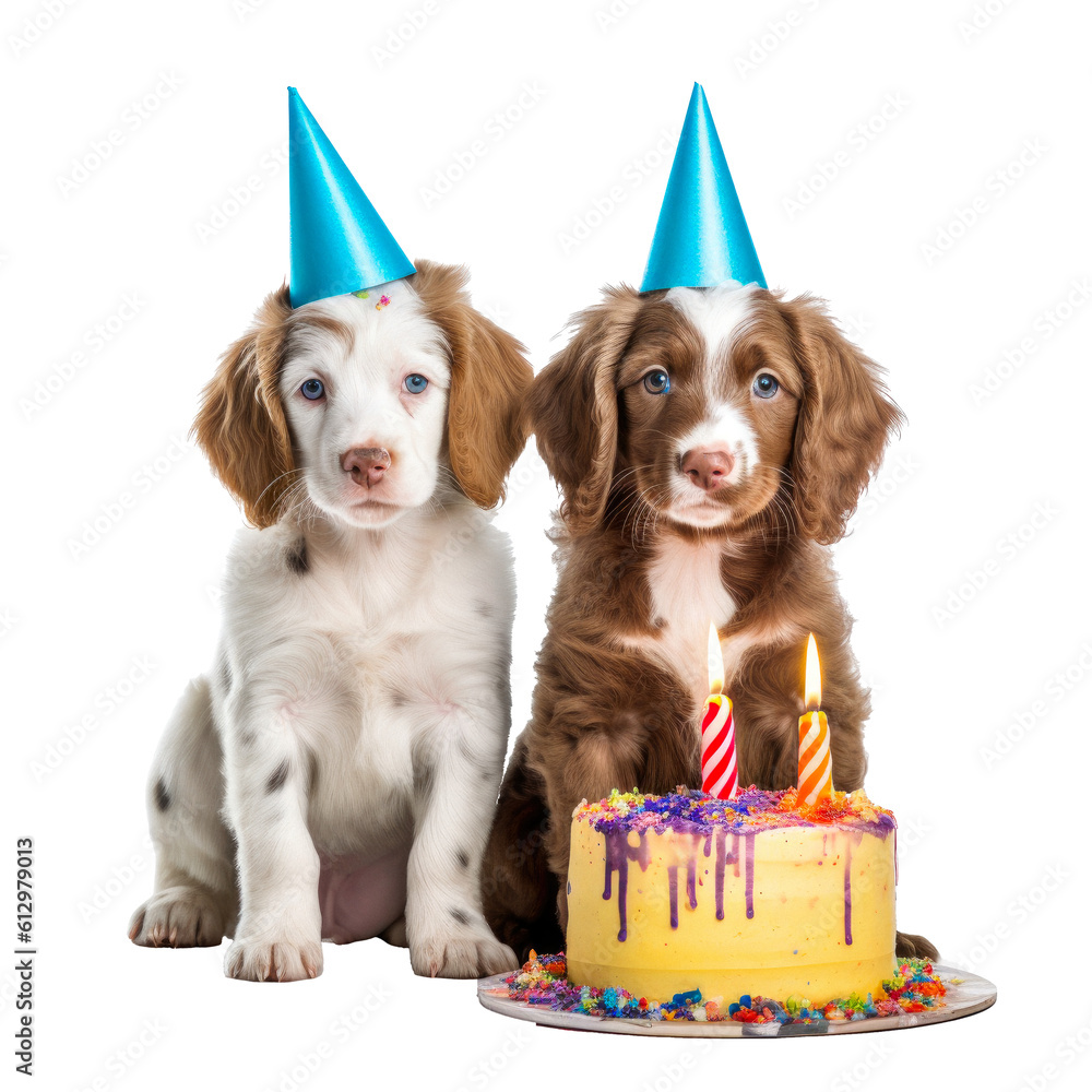 Puppy dogs with party hats sitting behind a birthday cake isolated on a ...