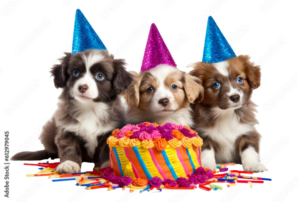 Puppy dogs with party hats sitting behind a birthday cake isolated on a ...