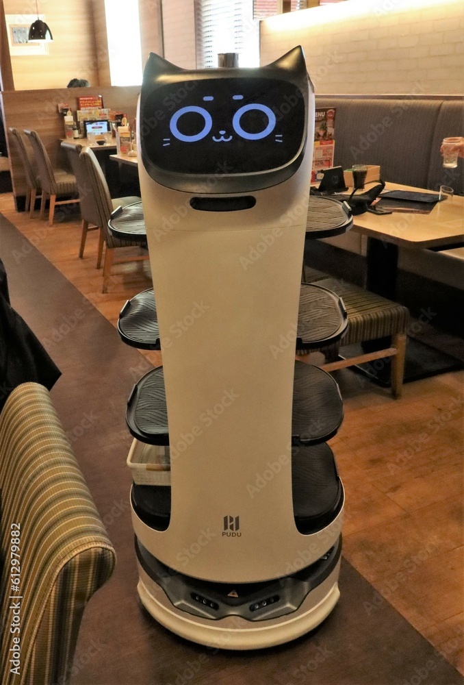 Cat robot waiter serving food at GUSTO restaurant in Tokyo, Japan ...