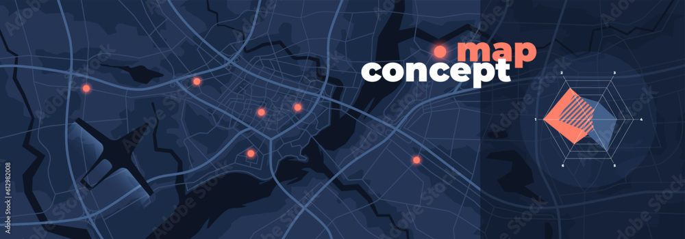 Abstract city map aerial view with drone. Spider diagram radar chart ...