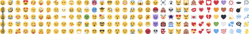 Big set of yellow emoji. Funny emoticons faces with facial expressions ...