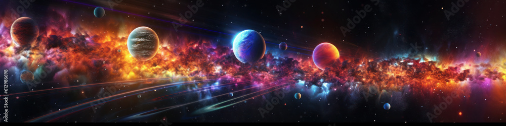 banner. Space galaxy background with planet and asteroids, universe ...