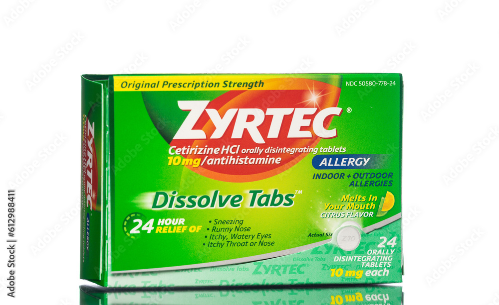 Chicago, USA - June 15, 2023: Box of Zyrtec Allergy dissolve tabs 24 ...