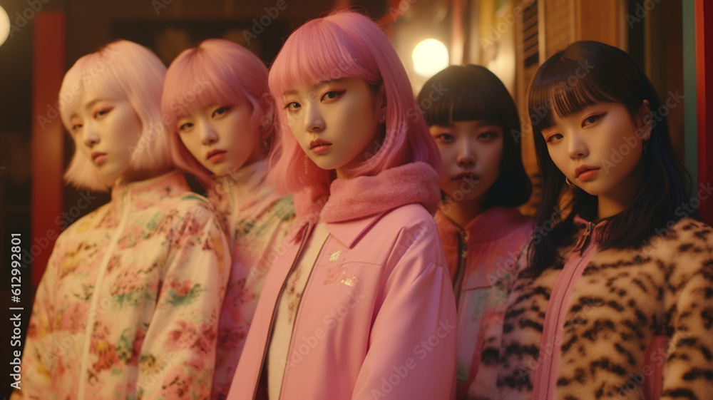 Adorable catgirls k - pop group, wearing street clothes, asian street ...