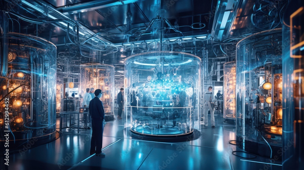 Futuristic laboratory where scientists harness the power of quantum computers, with complex ...