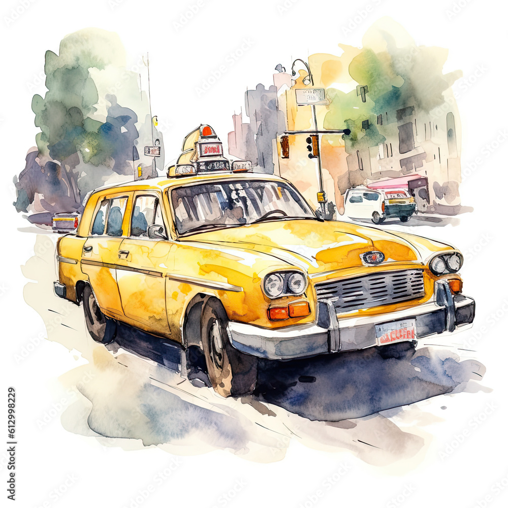 Old yellow taxi car watercolor drawing. isolated on white background ...