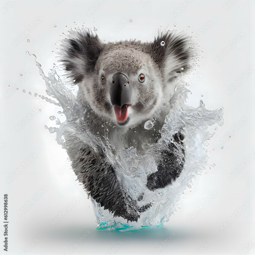 koala , amazing photorealistic splashing water, white background ...