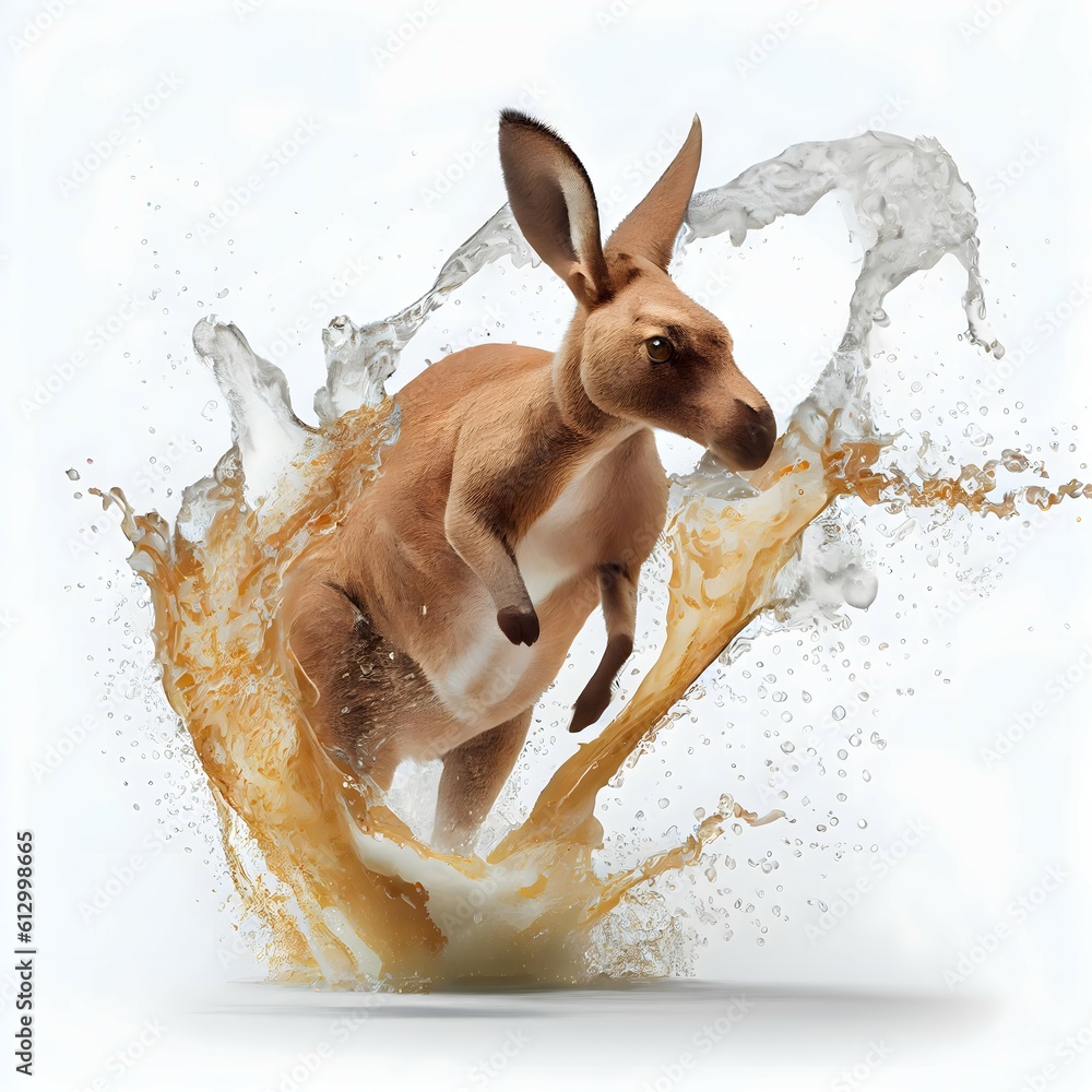 kangaroo, amazing photorealistic splashing water, white background ...
