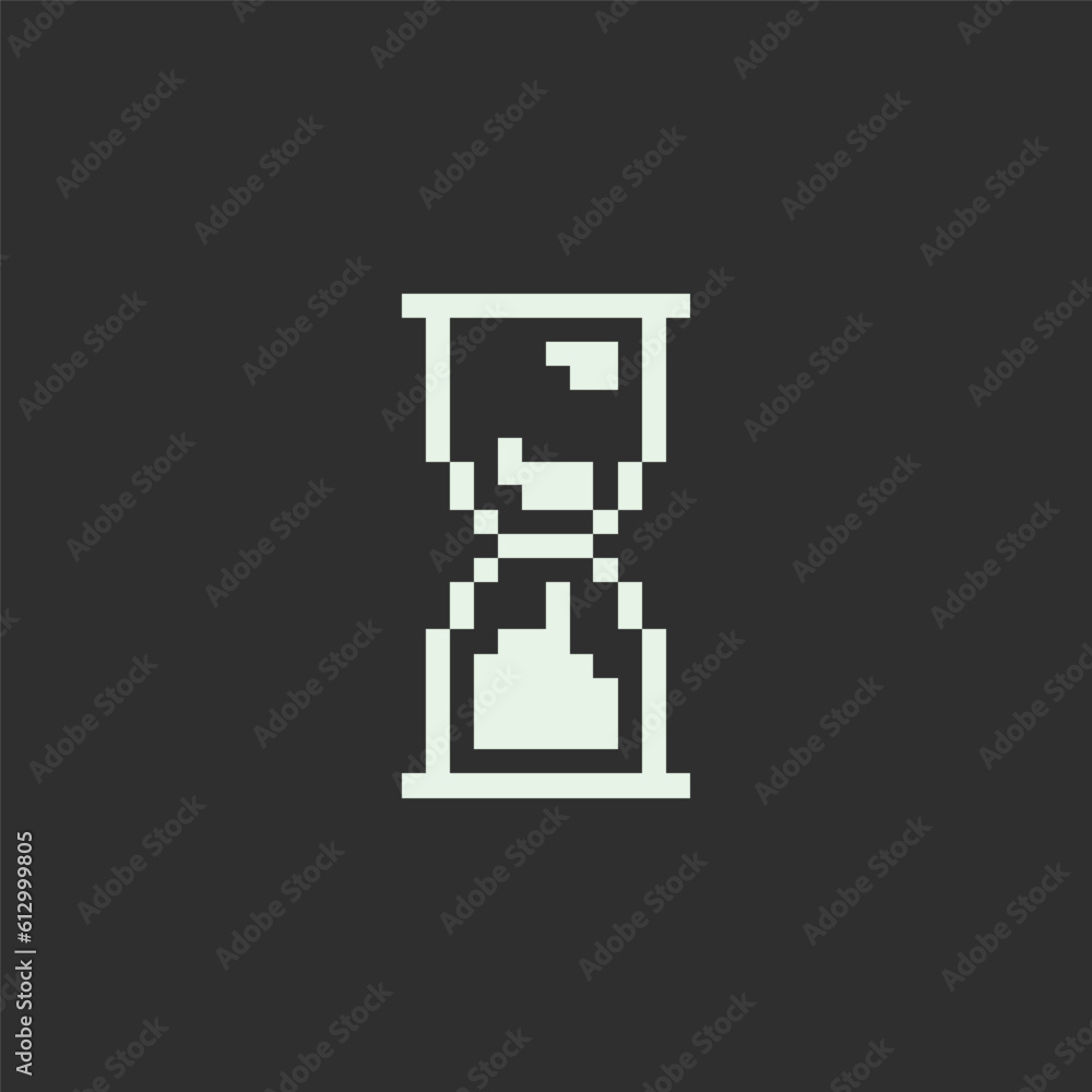 this is Time icon 1 bit style in pixel art with white color and black ...