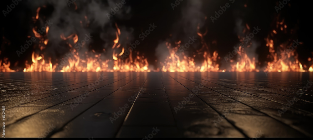 Empty dark scene, the orange red flame is burning with smoke float up ...