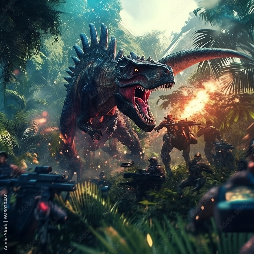 dinosaur fighting with soldier in a forest . Created using generative ...