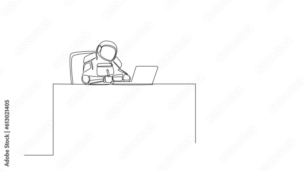 Animated self drawing of continuous line draw astronaut writing sitting ...