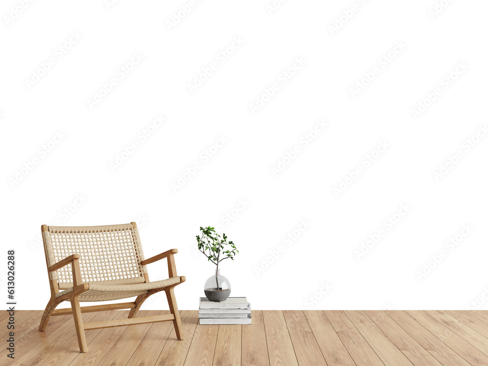 Free PSD a rattan chair in a empty room with a plant on these books ...