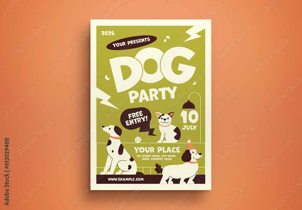 Green Flat Design Dog Party Flyer Layout Stock Template | Adobe Stock