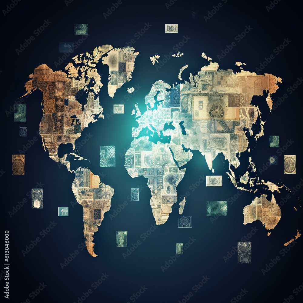 Stylized world map with currency symbols superimposed Stock ...