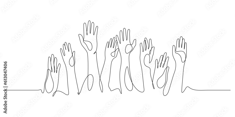 hands up, raised up volunteering,audiences and teamwork continuous line ...