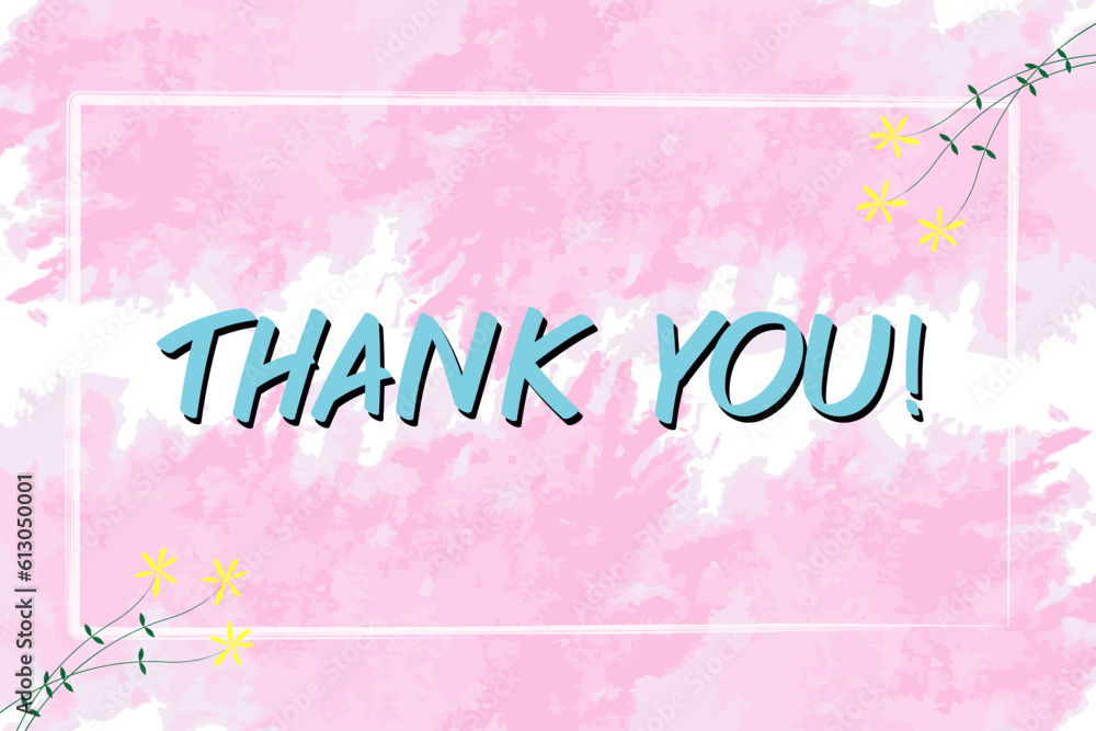 Banner, thank you, light blue letters, pink watercolor background. Splash watercolor with shadow ...